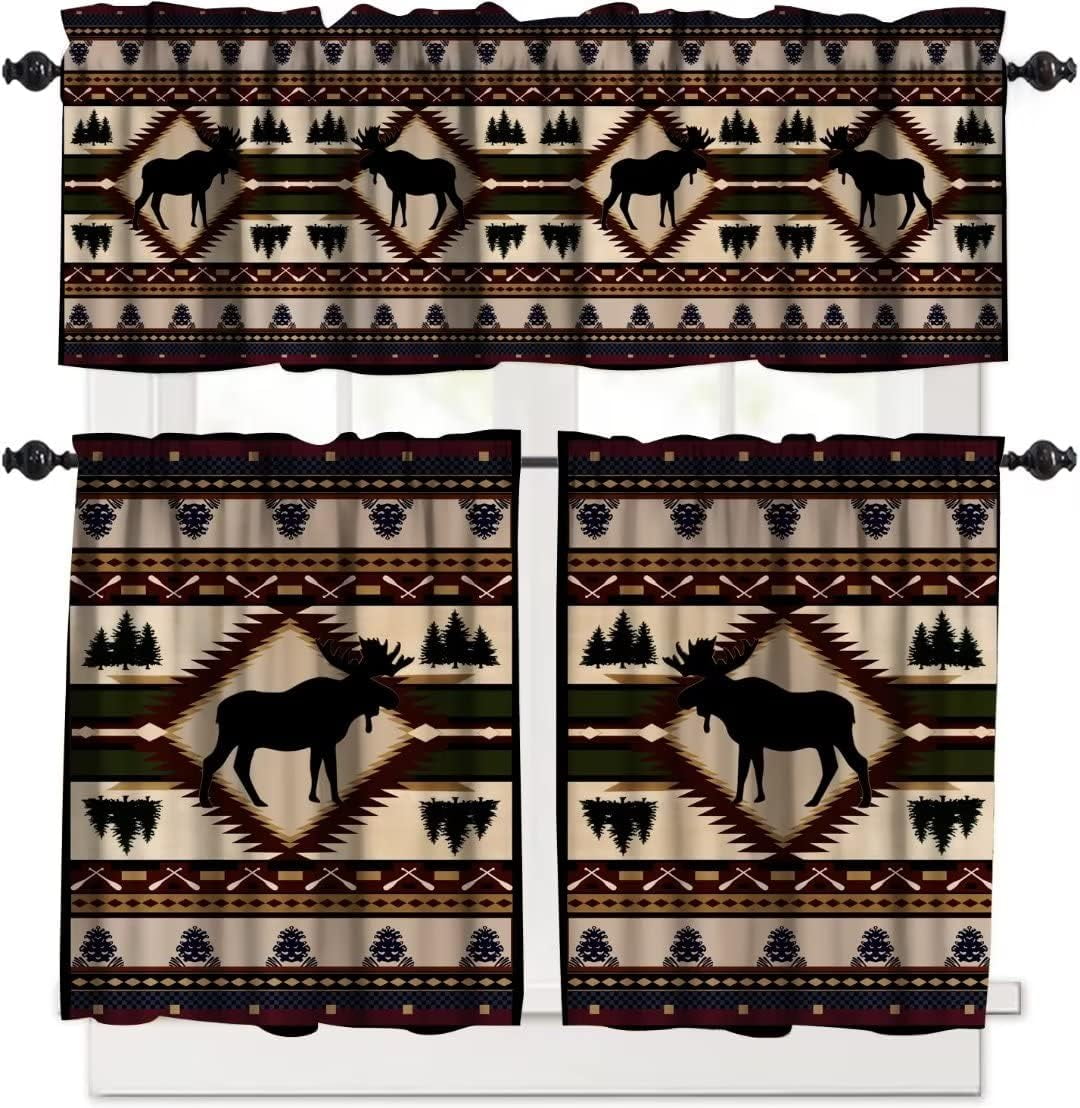 Rustic Moose Deer Curtain Set, Vintage Cottage Country Style Pine Tree ...