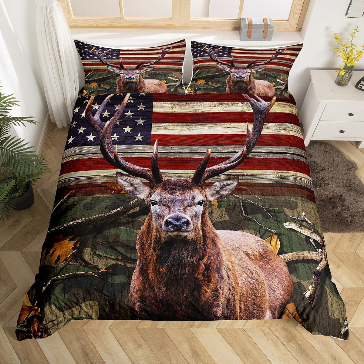 Rustic Moose Duvet Cover Teens Youth,Wooden American Flag Bedding Set ...