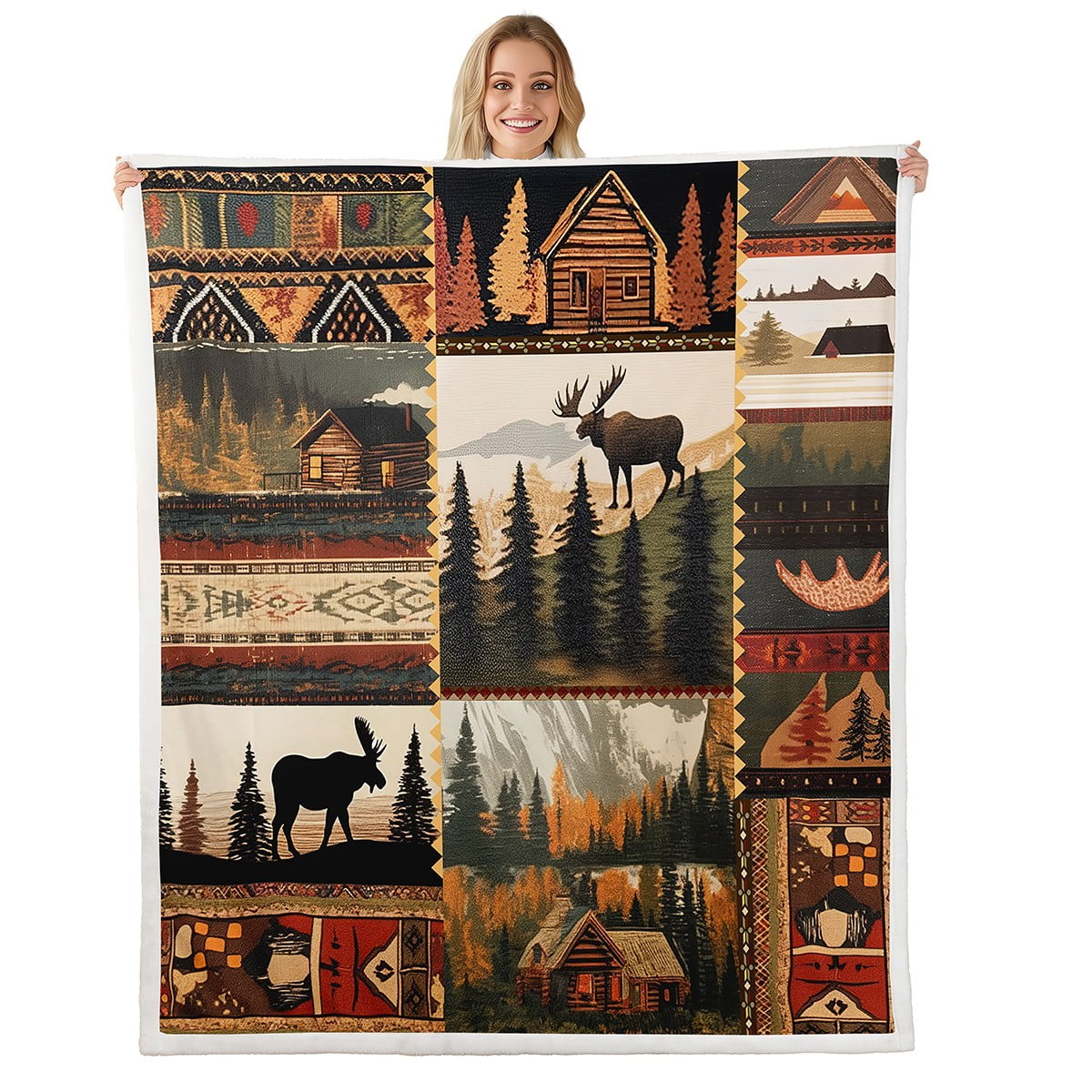 Rustic Moose Sherpa Blanket Queen 90"X90" Farmhouse Cabin Lodge Throw ...
