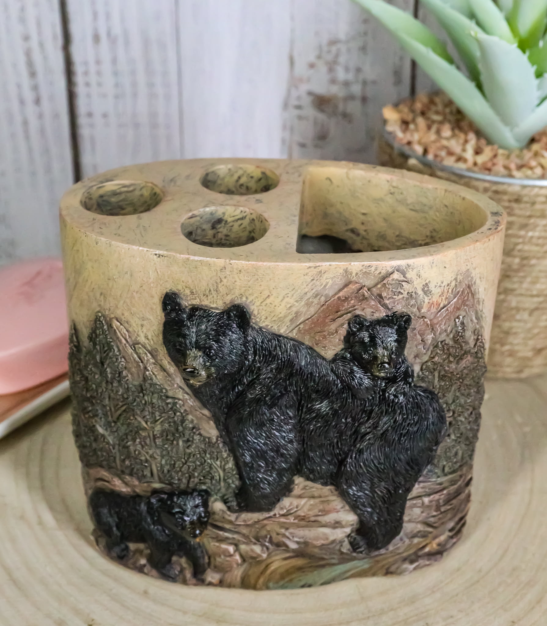 Rustic Mountain Black Mama Bear & Cubs Toothbrush Toothpaste Holder ...