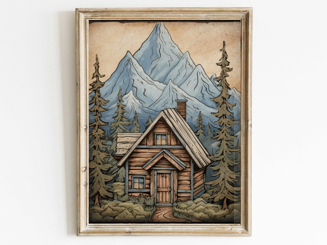 Rustic Mountain Cabin Print, Forest And Mountain Landscape Wall Art ...