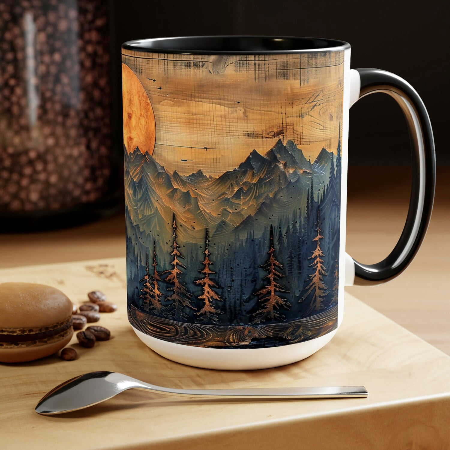 Rustic Mountain Coffee Mug: Wood Grain Moon, Wilderness Art - - Walmart.com