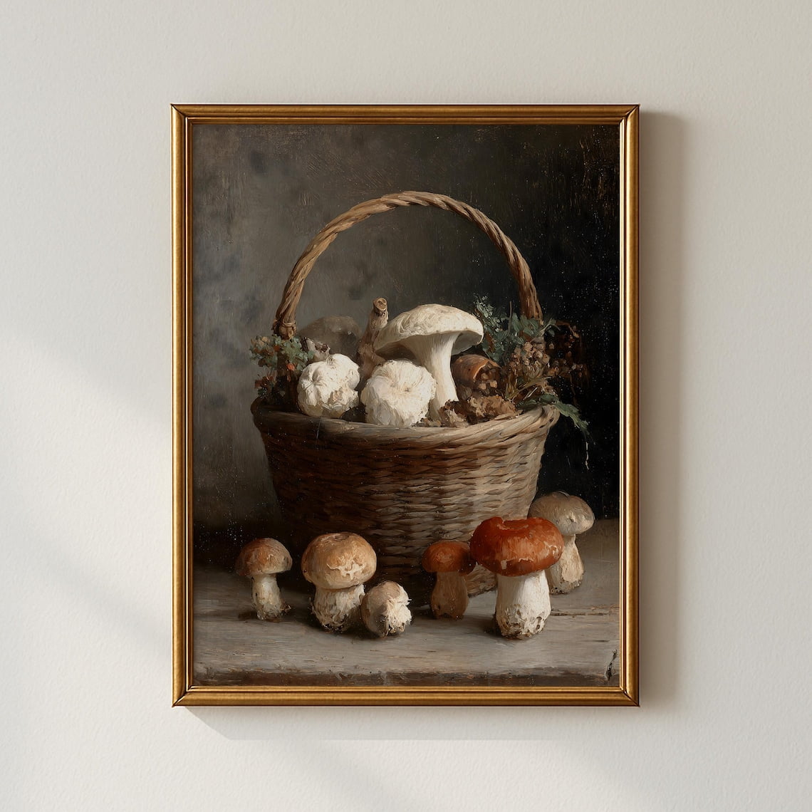 Rustic Mushroom Basket Wall Art, Vintage Foraging Still Life With ...