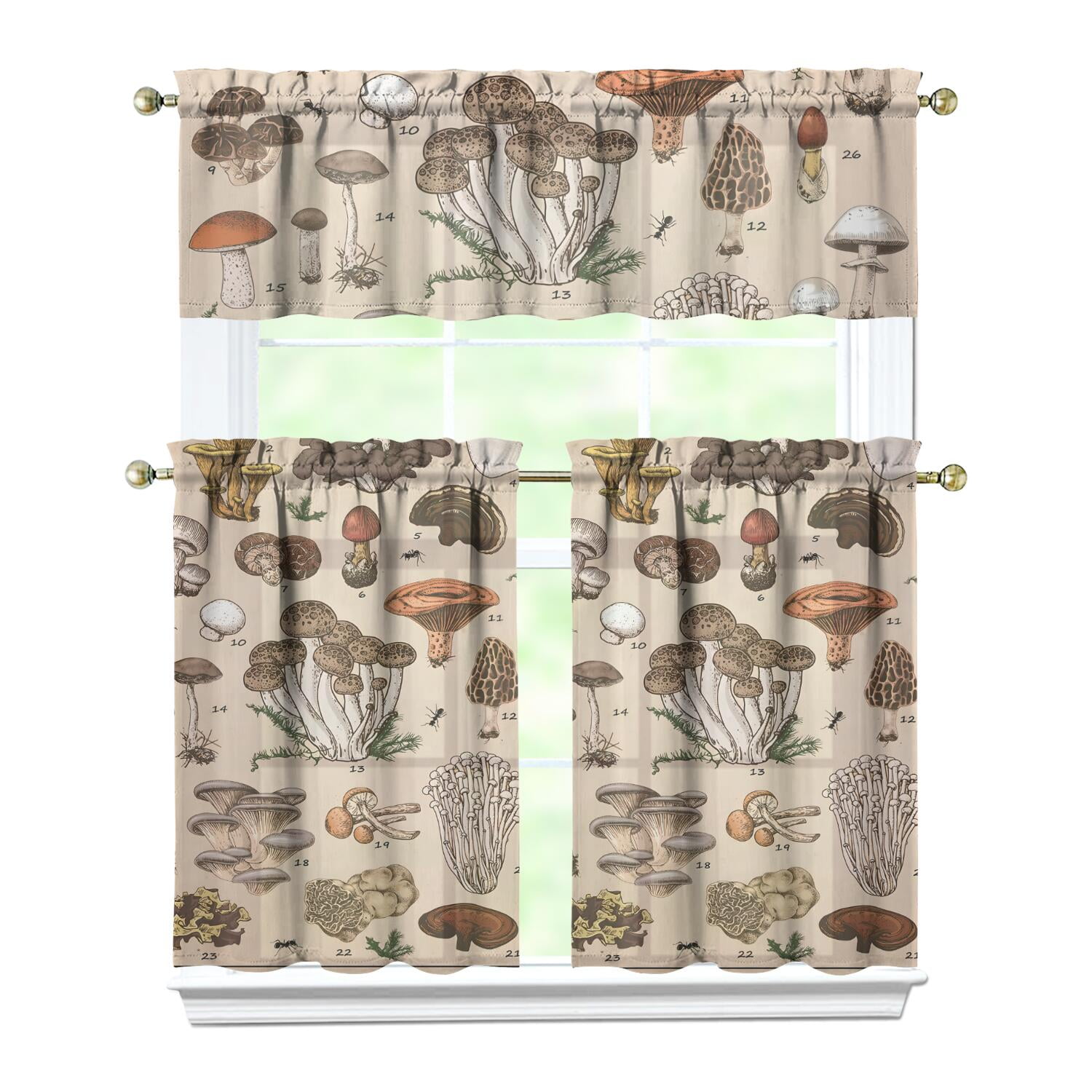Rustic Mushroom Print Kitchen Curtains 3-Piece Set 27.5x36in Polyester ...