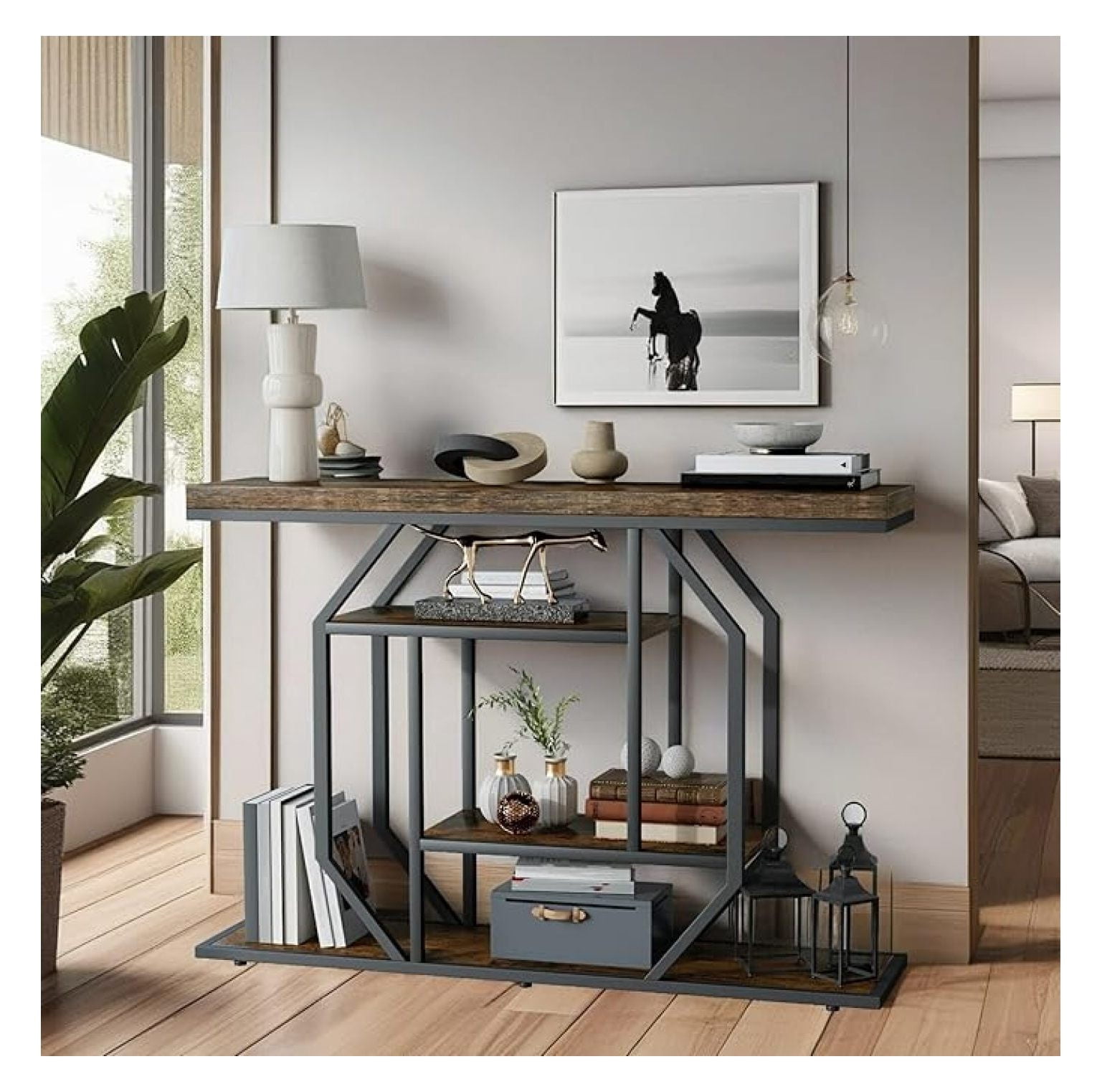 Rustic Narrow Entryway Console Table: 4-Tier Hallway Table with Octagon ...