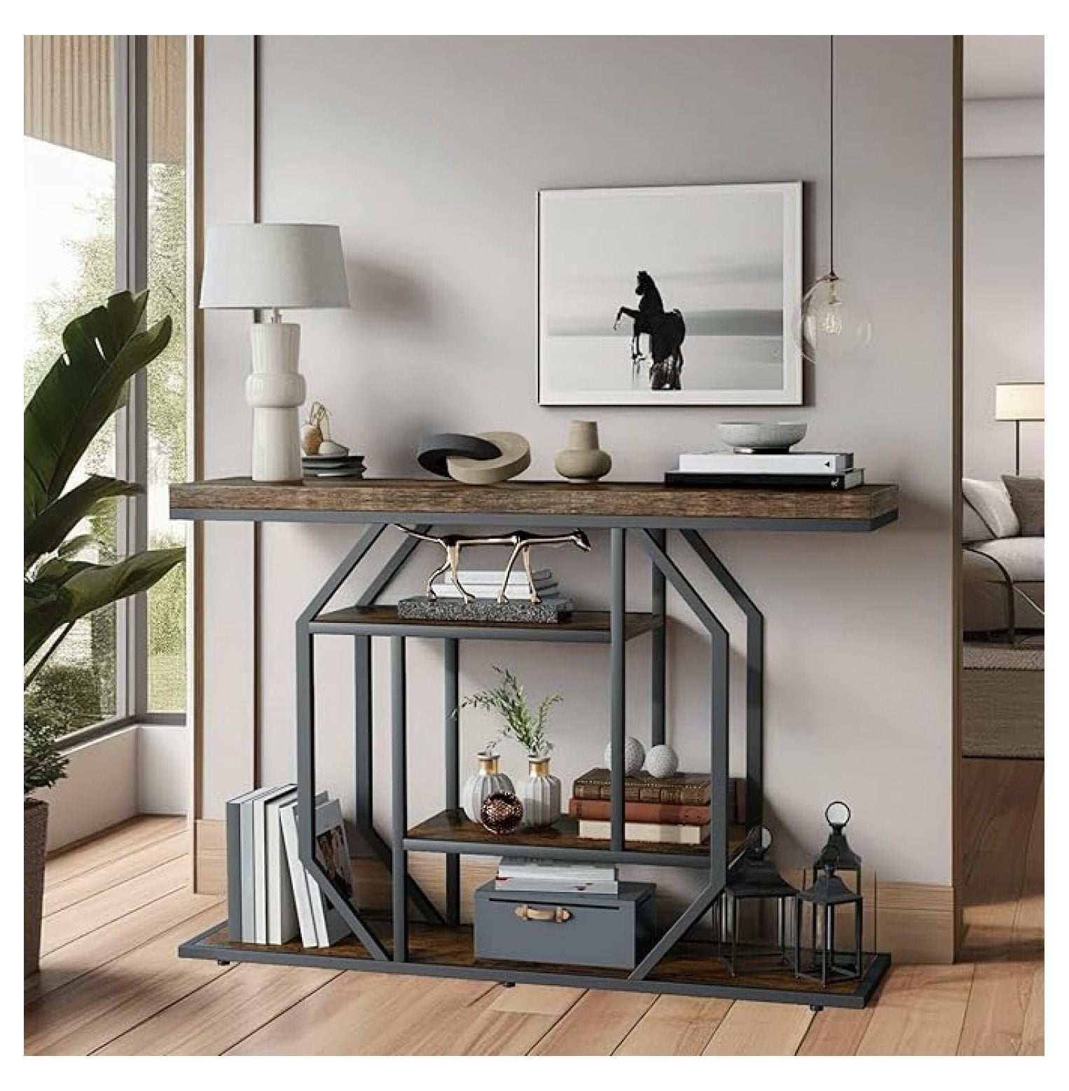Rustic Narrow Entryway Console Table: 4-Tier Hallway Table with Octagon ...
