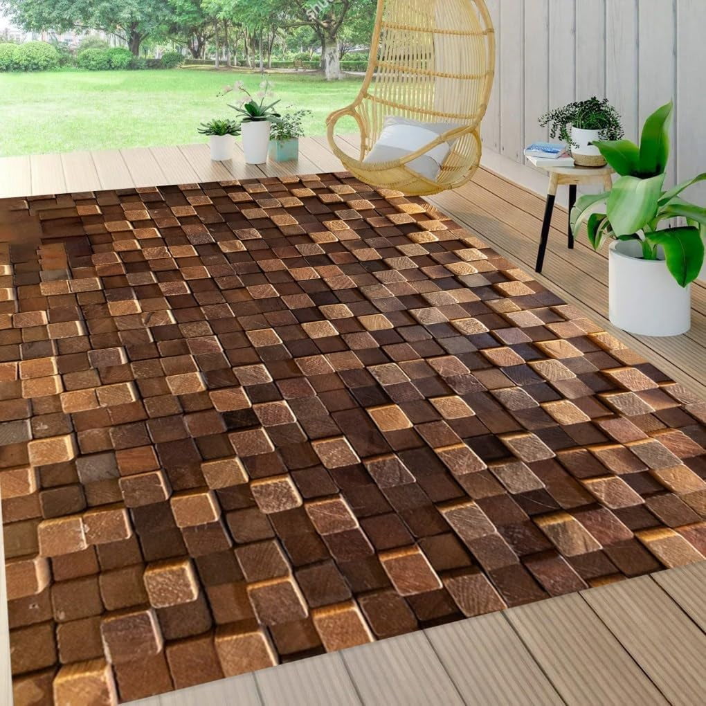 Rustic Natural Brown Wooden Texture Outdoor Area Rug For Balcony Porch ...