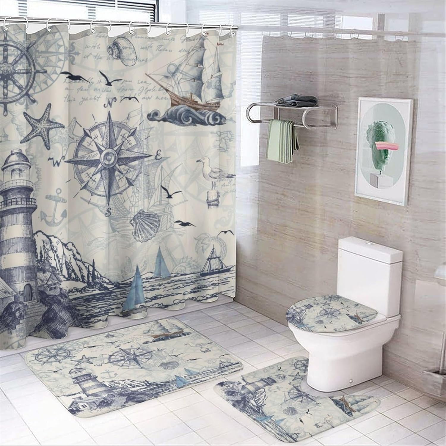 Rustic Nautical Map Sailboat Shower Curtain Sets 4 Piece,Vintage ...