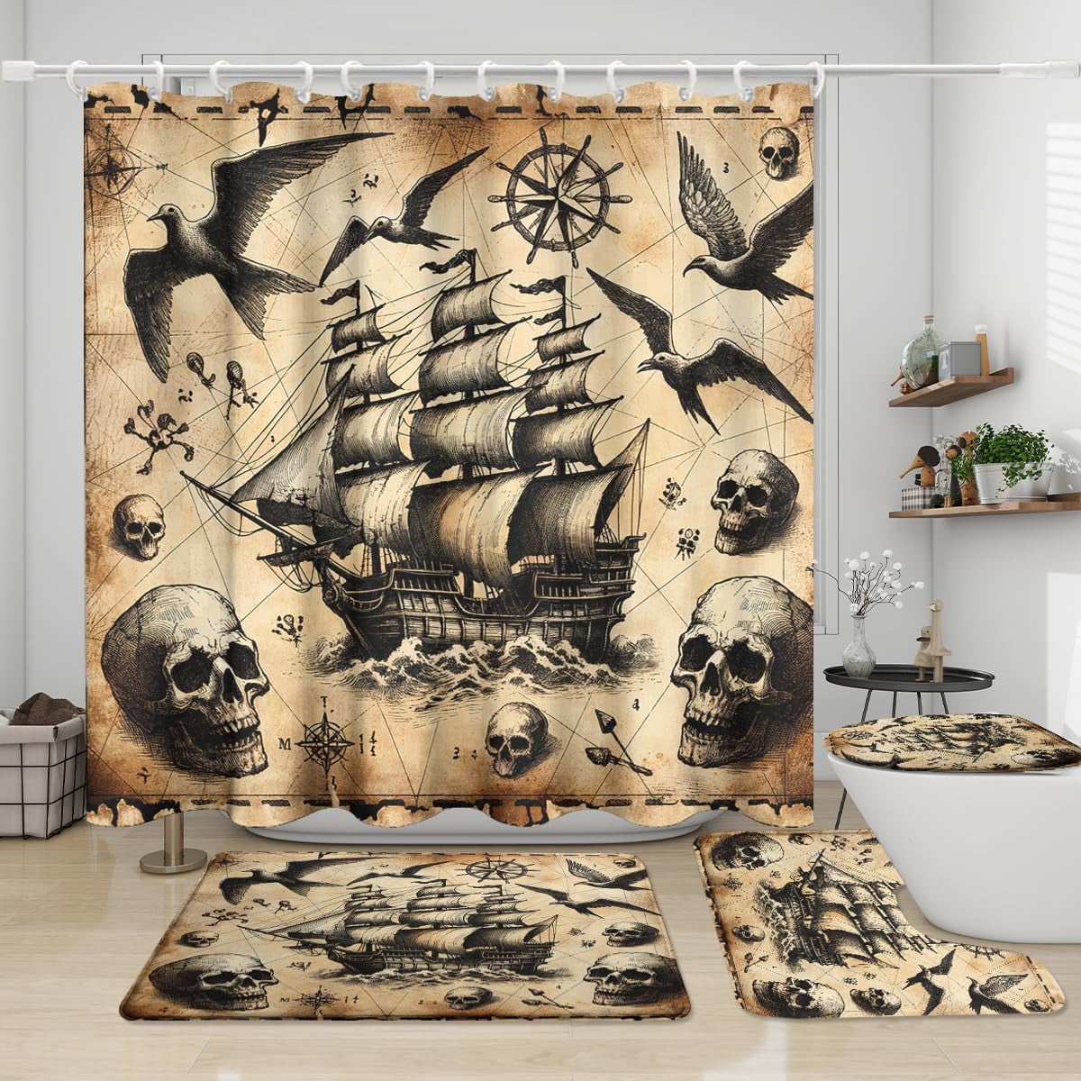 Rustic Nautical Pirate Ship Shower Curtain Sets 4 Piece,Vintage Old ...