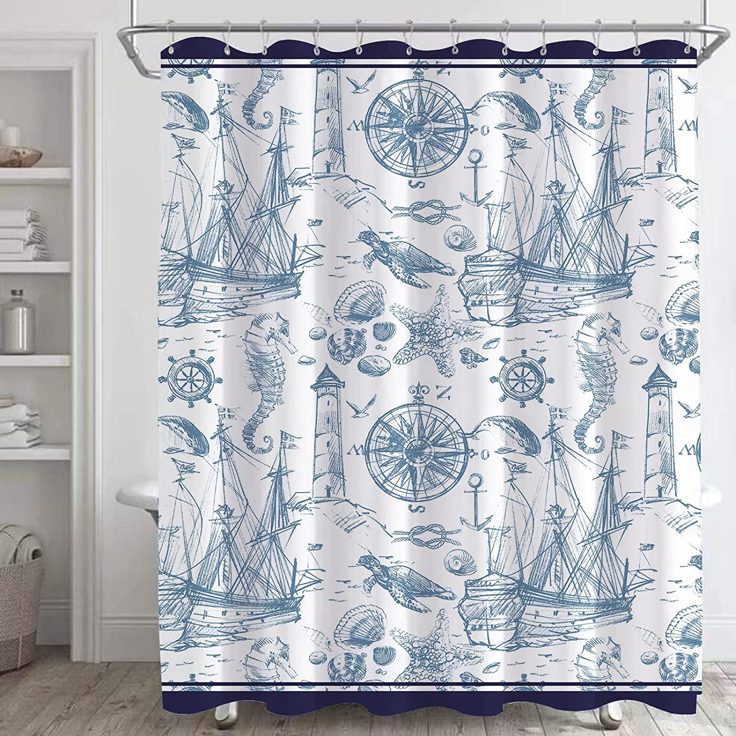 Rustic Nautical Shower Curtain,Lighthouse Sailing Beach Bathroom Shower ...