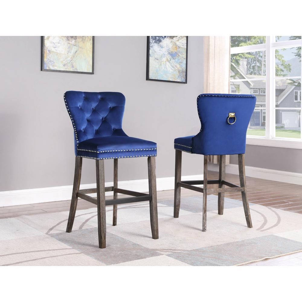 Rustic Navy Blue Velvet Bar Stools with Chrome Handle and Footrest (Set ...