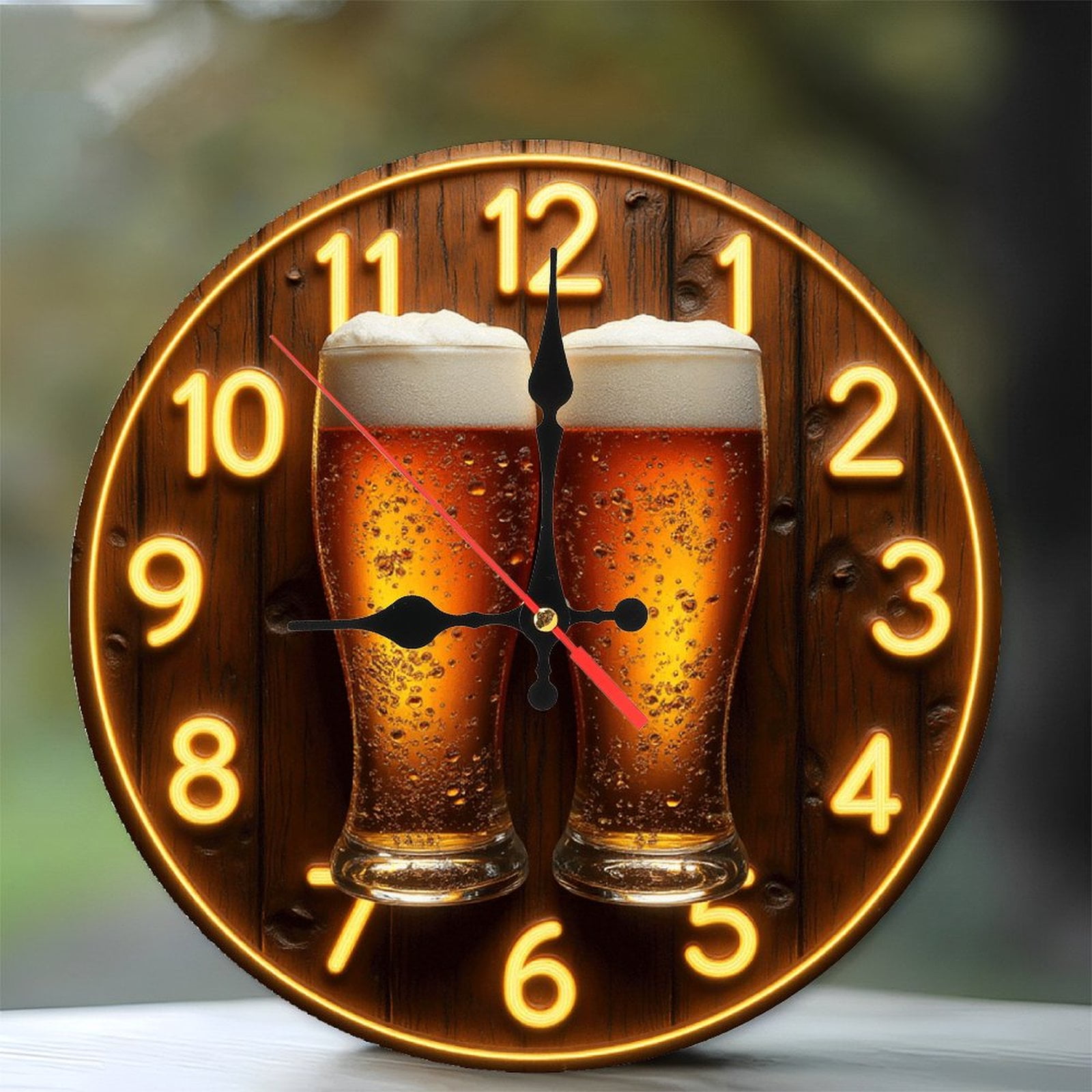 Rustic Neon Beer Clock with Bubbles for Bar Decor 10-Inch Silent Wooden ...