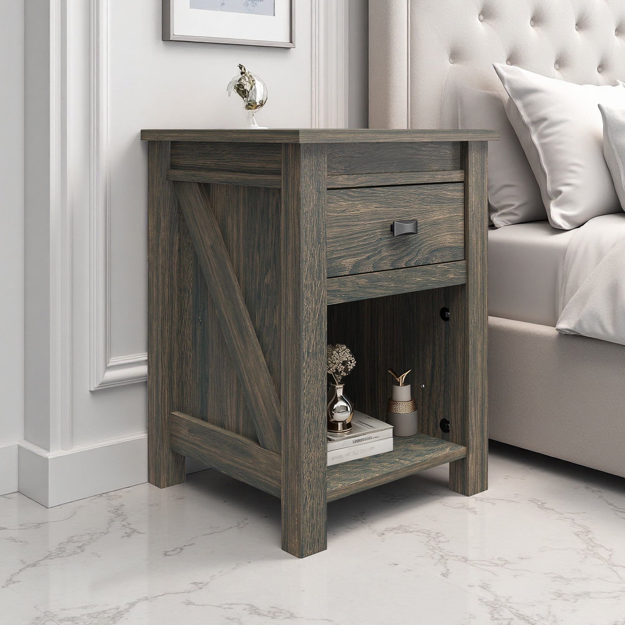 Rustic Nightstand, 24.5" H Country Style Bedside Table with Open Cubby ...