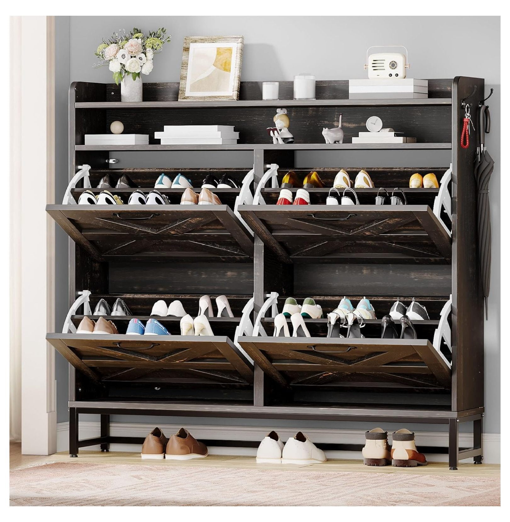 Rustic Oak 4-Tier Shoe Storage Cabinet – Stylish Organizer for 24 Pairs ...