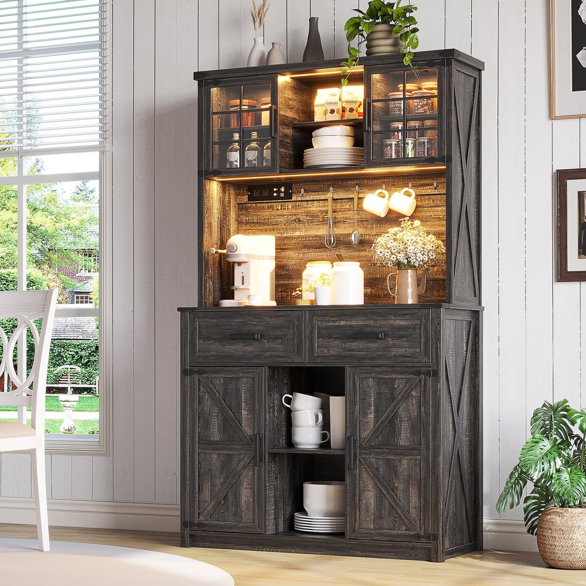 Rustic Oak Bar Cabinet with Human Sensor LED Lighting, Farmhouse Buffet ...