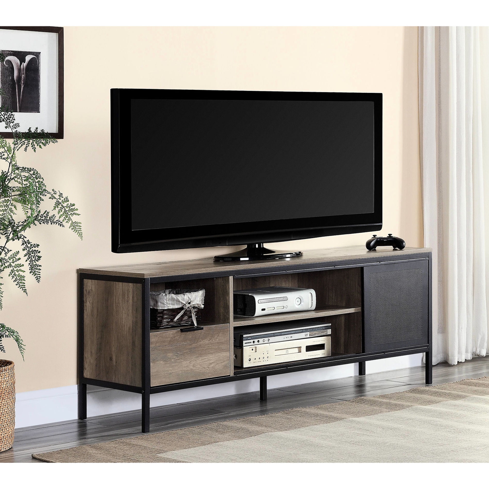 Rustic Oak & Black Finish KD Rectangular TV Stand with 1 Drawer & 4 ...