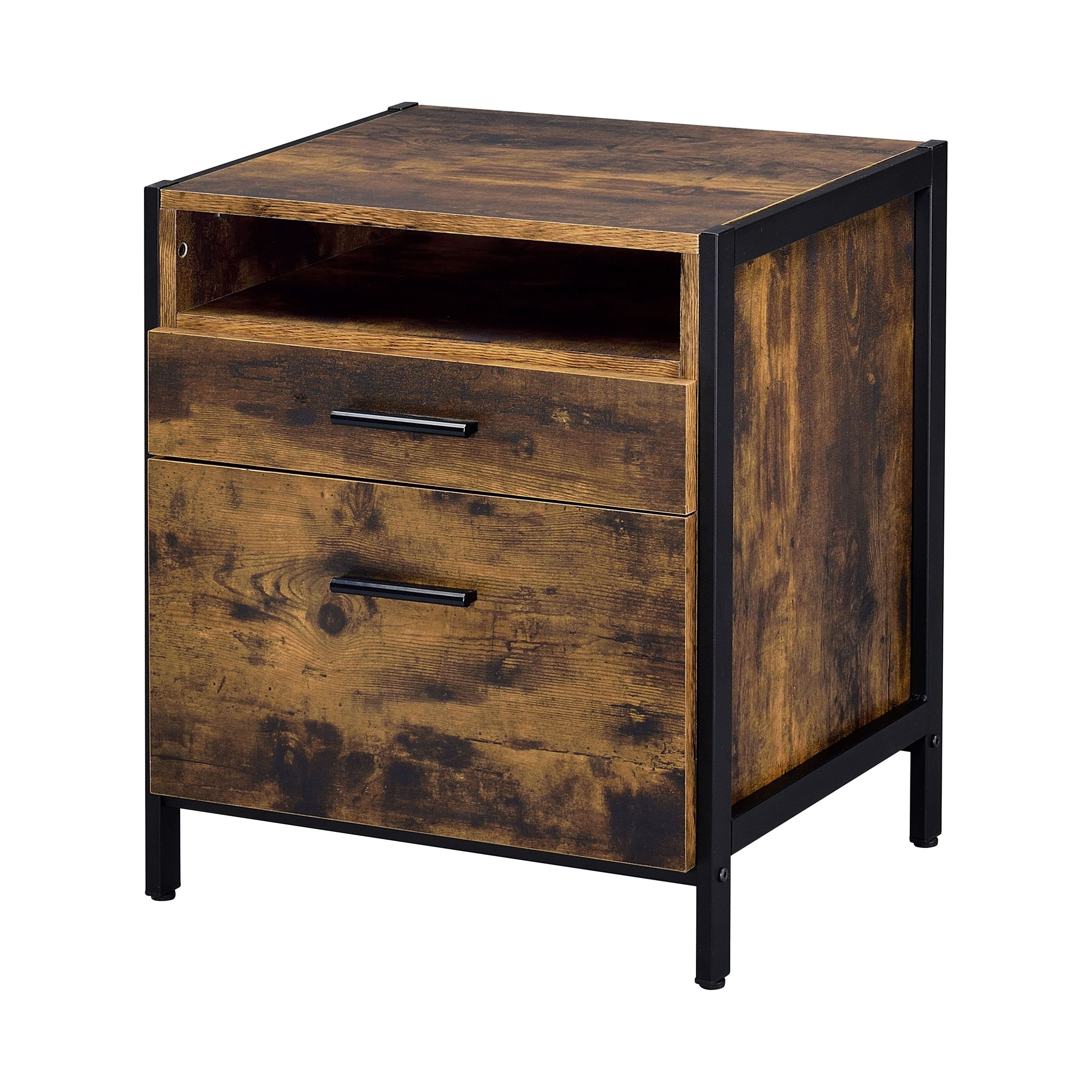 Rustic Oak & Black Nightstand with 2 Drawers & Open Shelf - Industrial ...
