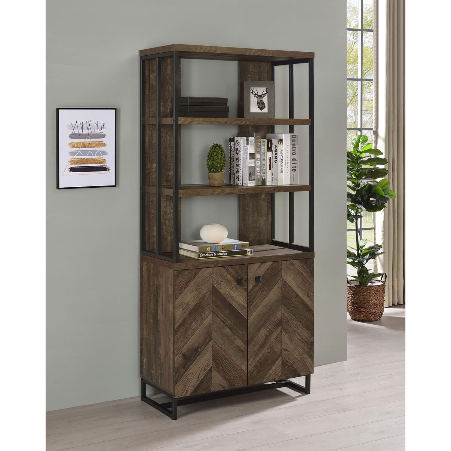 Rustic Oak Herringbone 2-Door Bookcase - Walmart.com