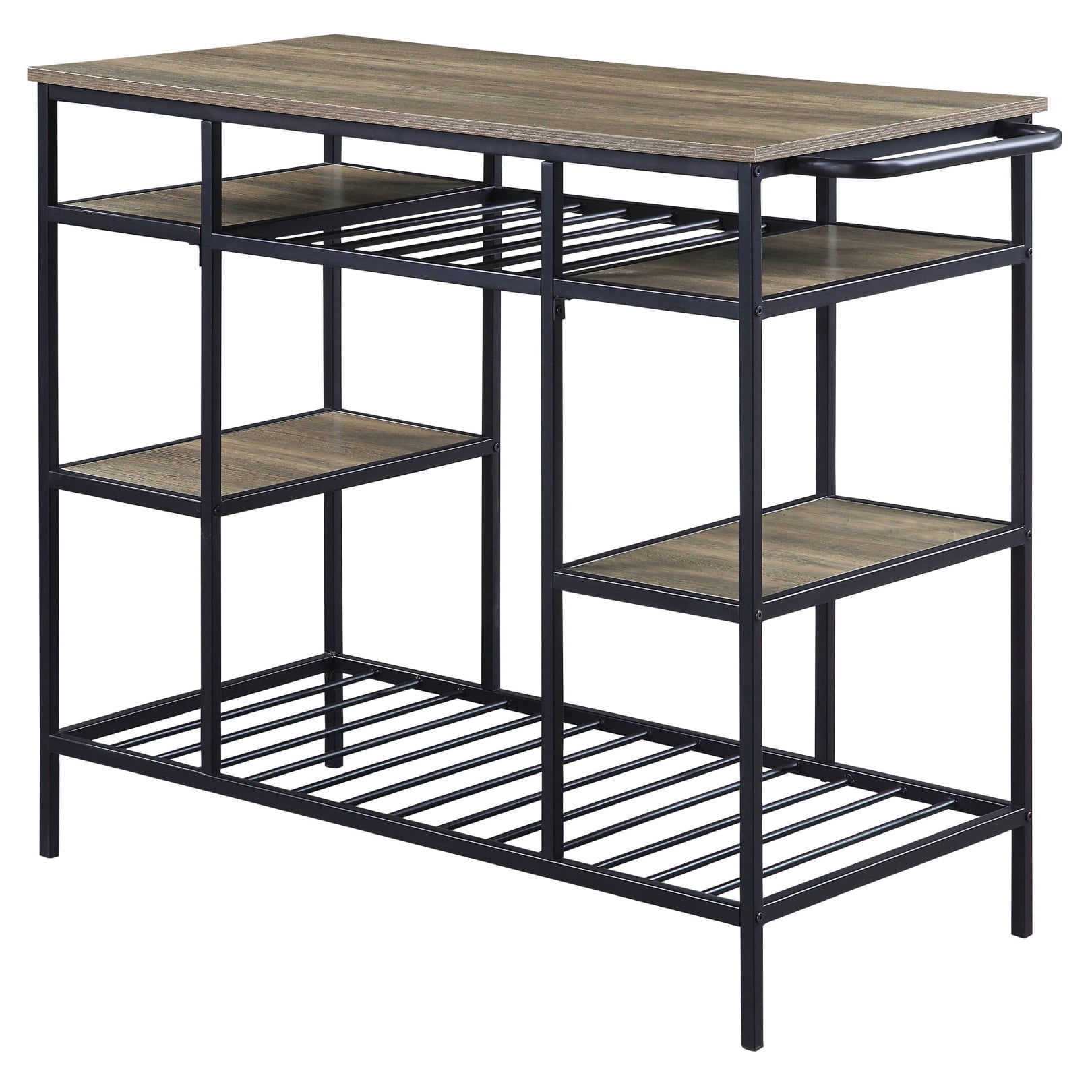Rustic Oak and Black Kitchen Island with 4 Open Storage Shelfs, Metal ...