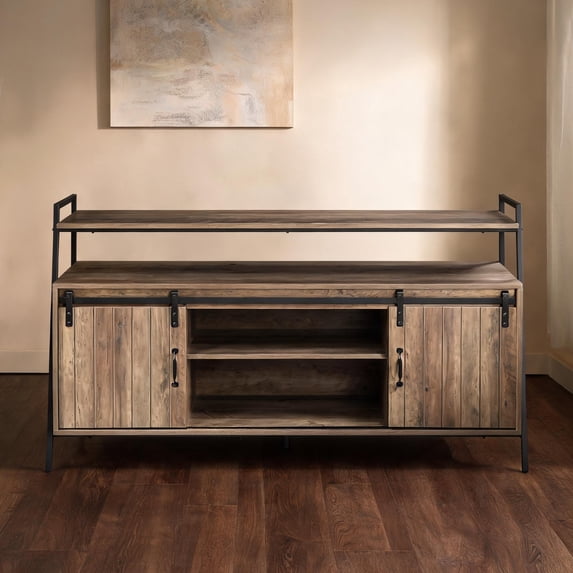 Rustic Oak and Classic Black 60-Inch TV Stand with Sliding Barn Doors ...