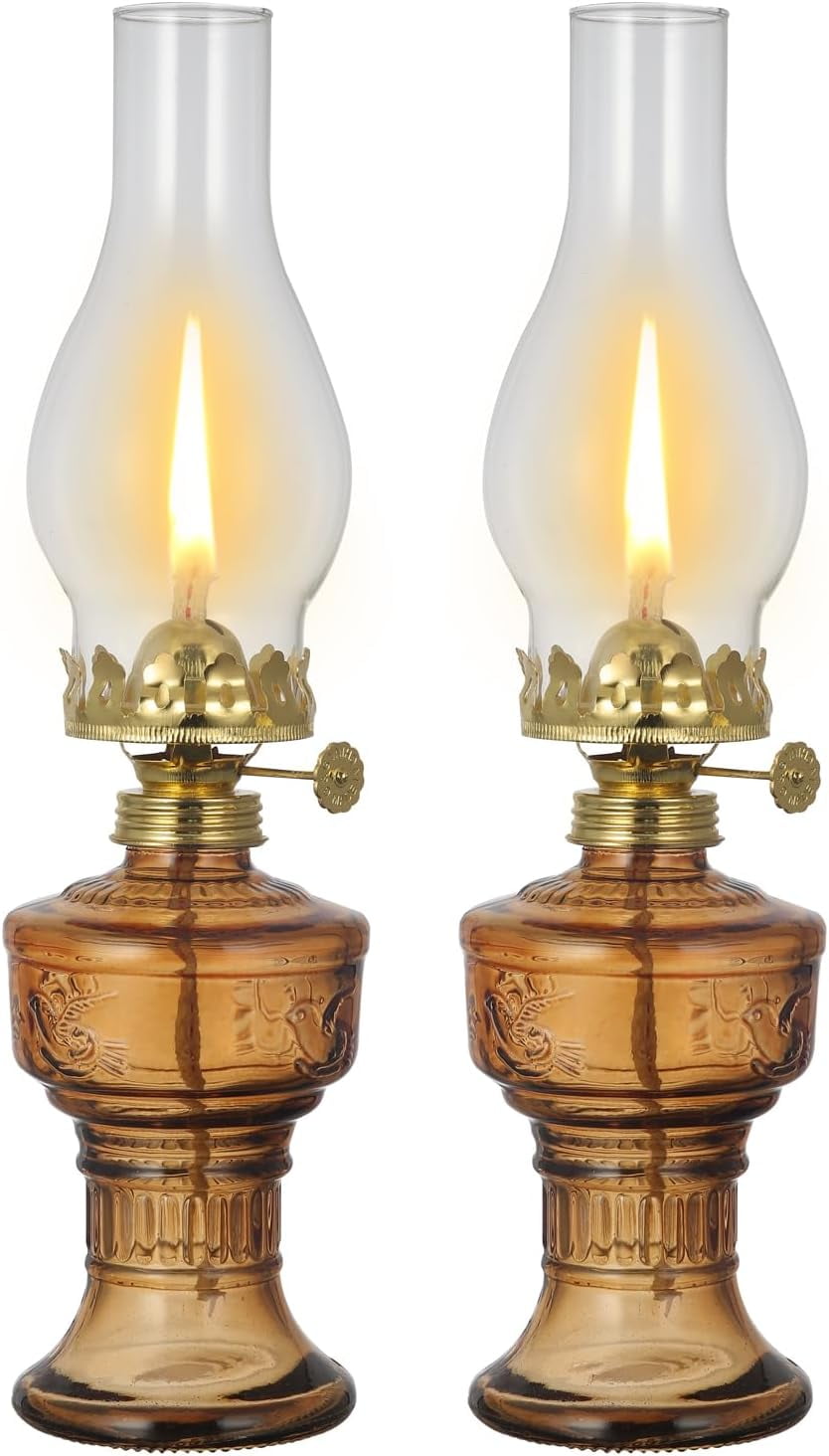 Rustic Oil Lamp Lantern with Vintage Color Glass, Kerosene Lamp 12.8 ...