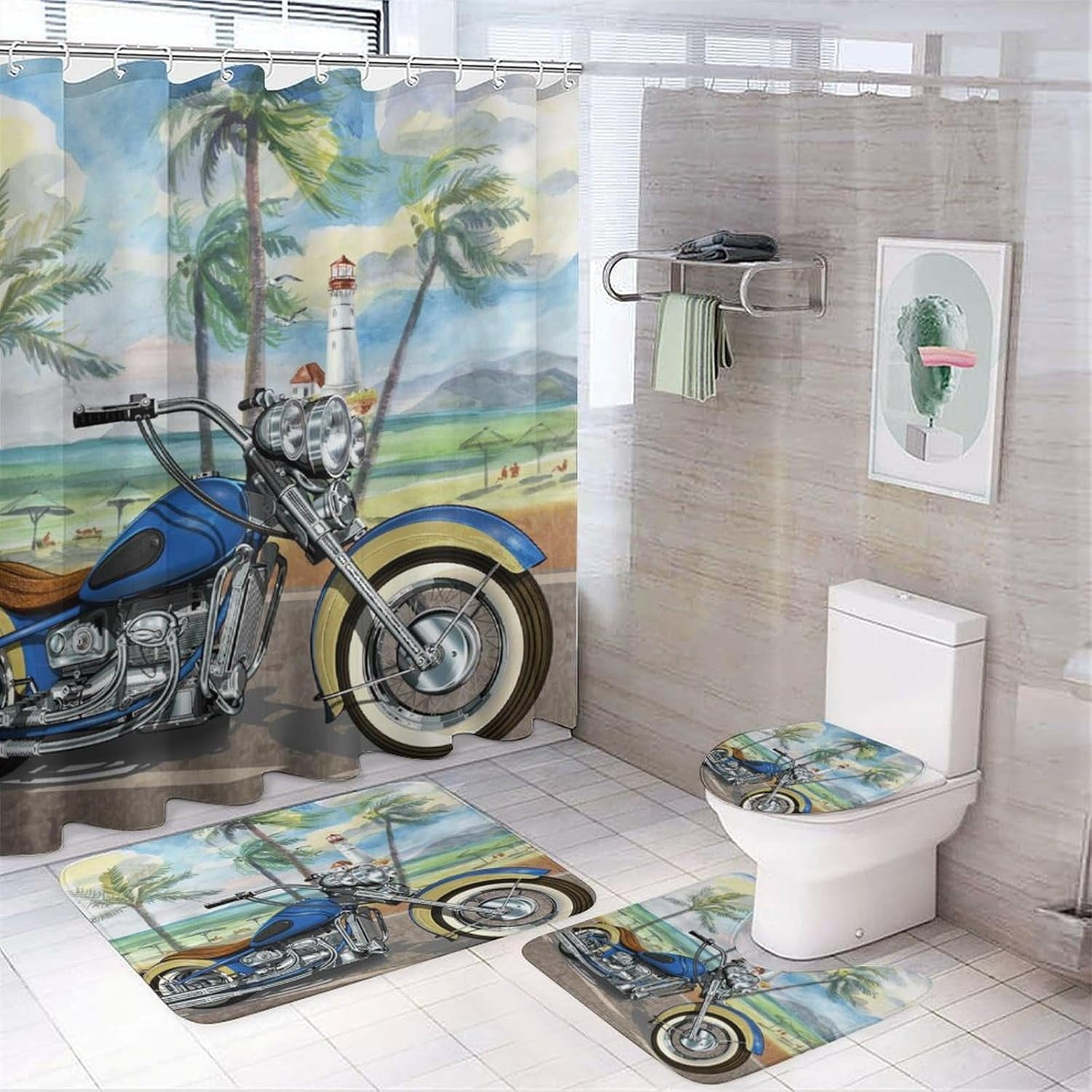 Rustic Oil Painting Coastal Motorcycle 4 Pieces Shower Curtain Set ...