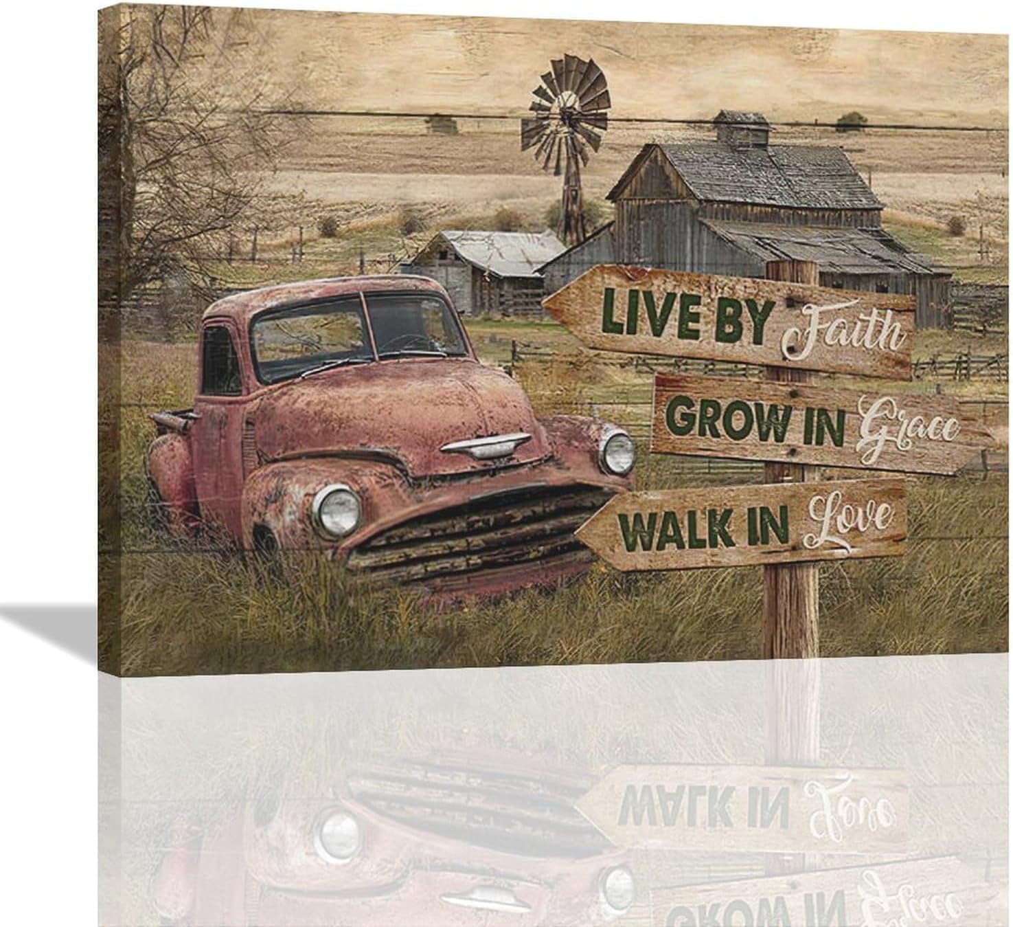 Rustic Old Truck Wall Art Country Farmhouse Barn Pictures Decor Red and ...