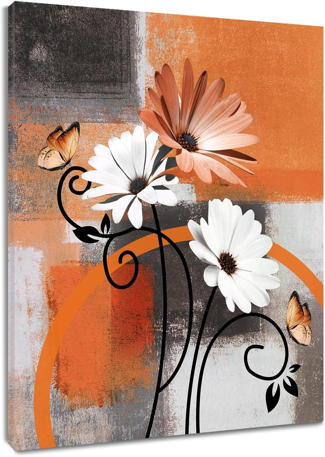 Rustic Orange Floral Wall Art for Living Room, Daisy Flower and ...