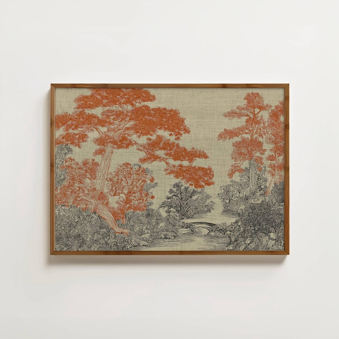Rustic Orange Landscape Print Vintage Tree Sketch Burnt Orange Textile ...