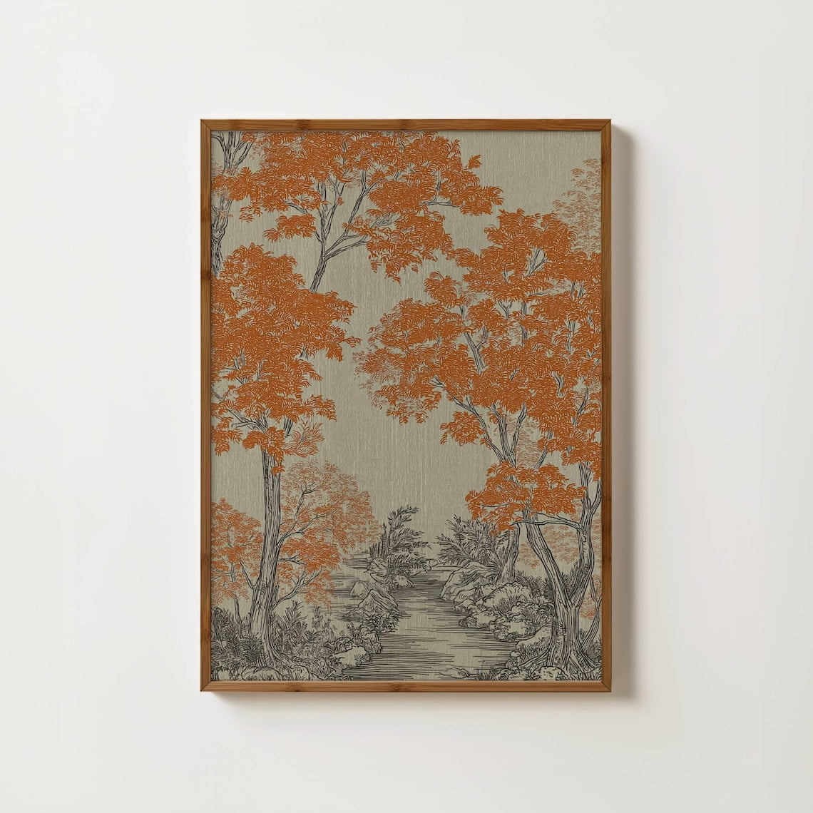 Rustic Orange Tree Print Vintage Tree Sketch Burnt Orange Textile Art ...
