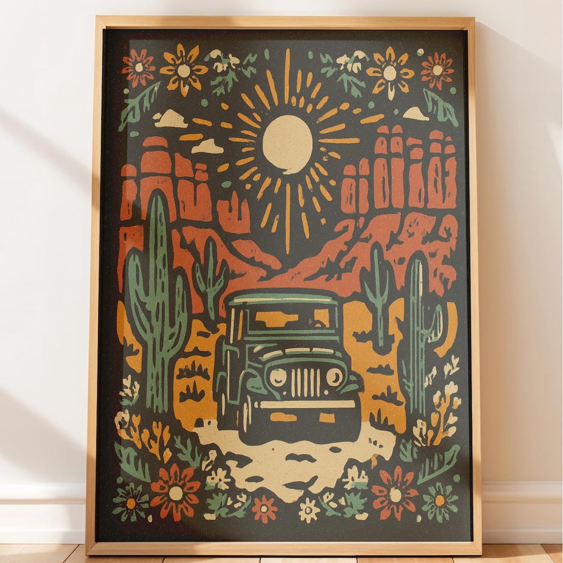 Rustic Outdoor Adventure Art Folk Style Jeep In Desert Outdoorsy ...