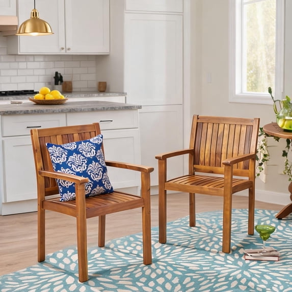 Rustic Outdoor Dining Chairs with Slat Panel Back, Set of 2, Acacia ...
