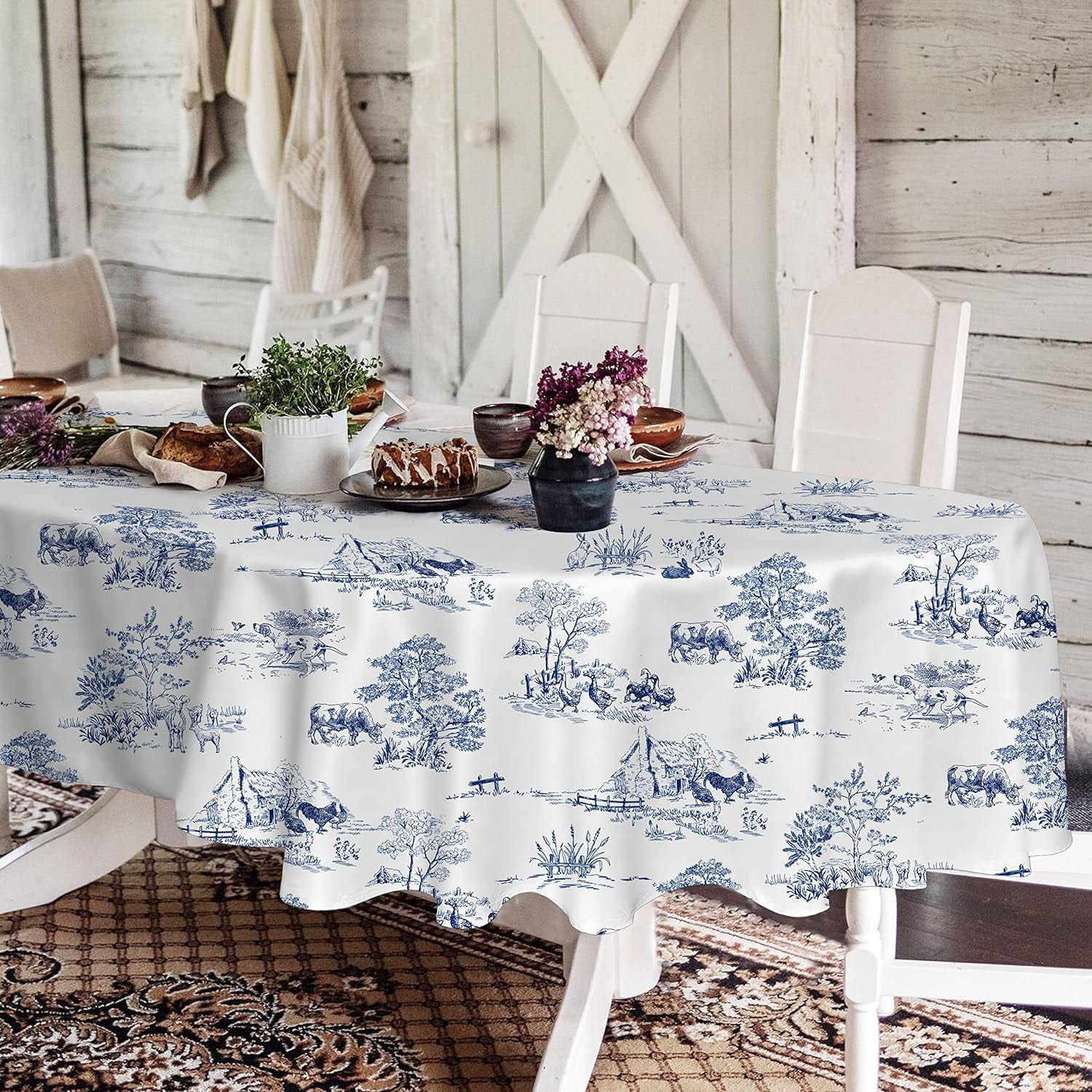 Rustic Oval Tablecloth 60x84 Inch,Blue and White Country Tablecloth ...