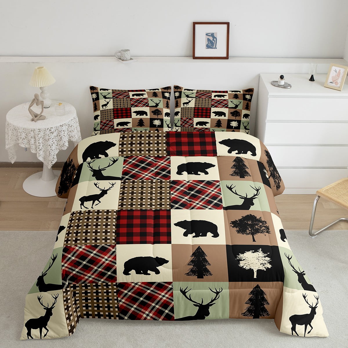 Rustic Patchwork Bedding Set Twin,Country Cabin Quilt for Kids Teens Checkered Buffalo Plaid ...