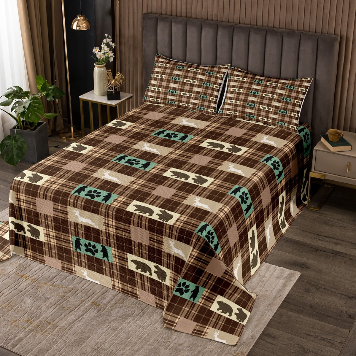 Rustic Patchwork Bedspread Set Checkered Buffalo Plaid Coverlet Set for ...