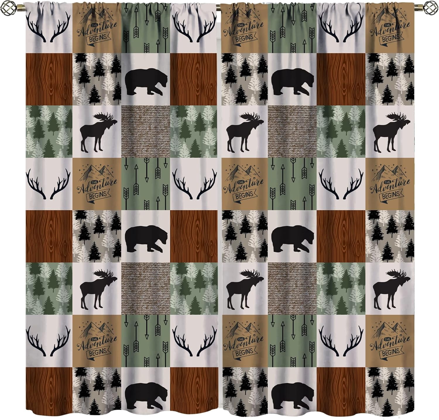 Rustic Patchwork Blackout Curtains, Bear Moose Curtains & Drapes for ...