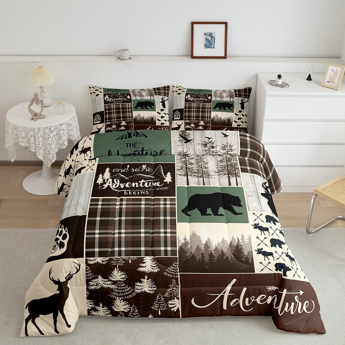 Rustic Patchwork Full Bed Comforter Set, Hunting Deer Bear Bedding Retro Cabin Lodge Decor Quilt ...