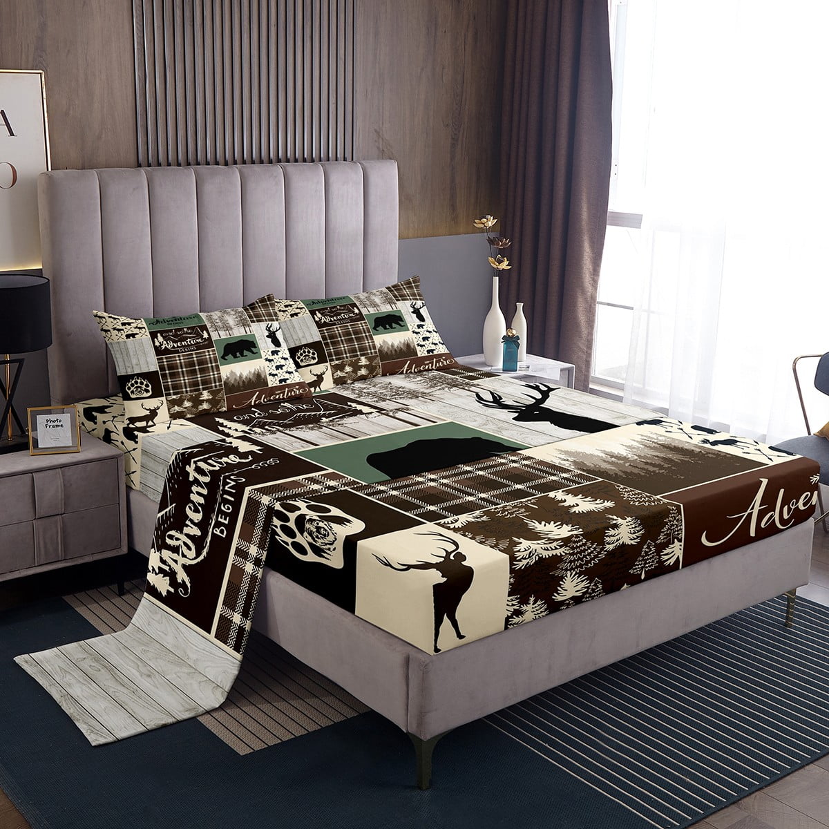 Rustic Patchwork Queen Bed Sheet Set, Hunting Deer Bear Bed Sheets Set ...
