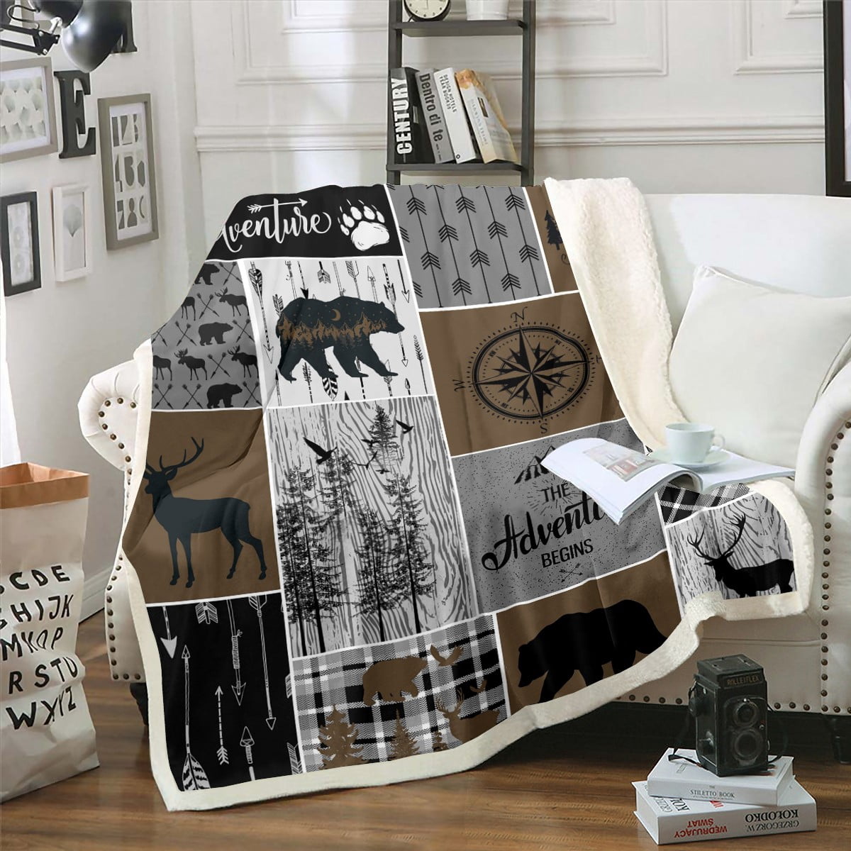 Rustic Patchwork Sherpa Blanket , Retro Country Farmhouse Throw Blanket ...