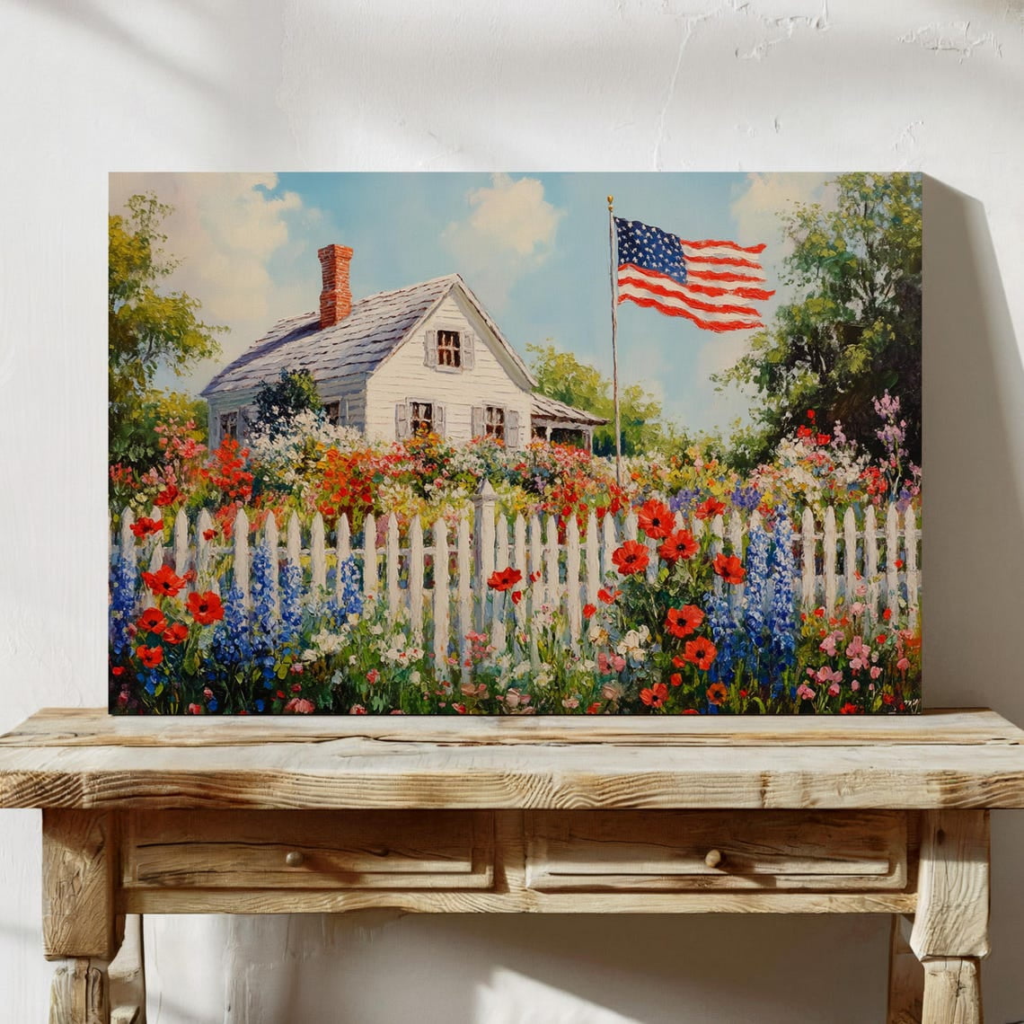 Rustic Patriotic Cottage – American Flag, Wildflower Garden & White ...