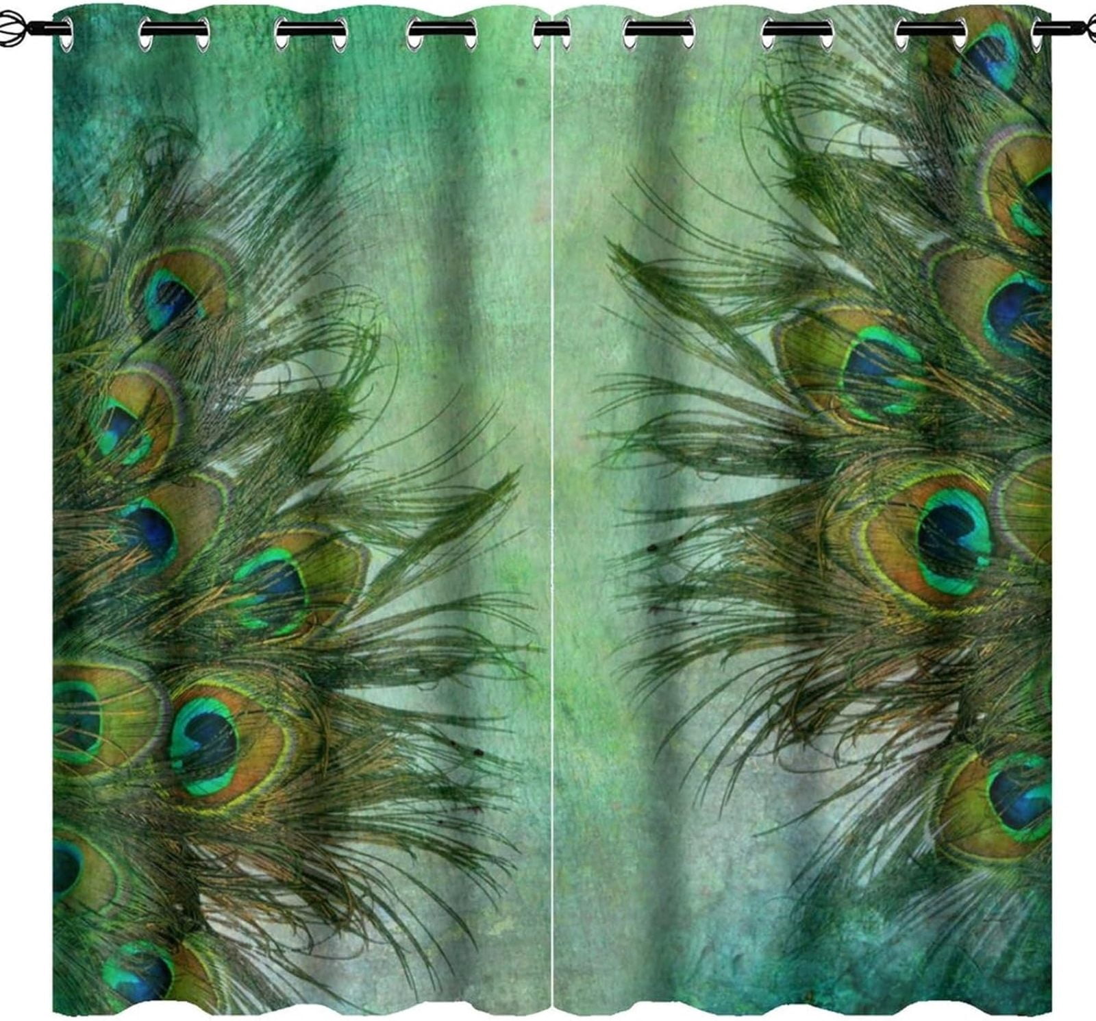 Rustic Peacock Feather Blackout Curtain Animals Green Retro Watercolor ...