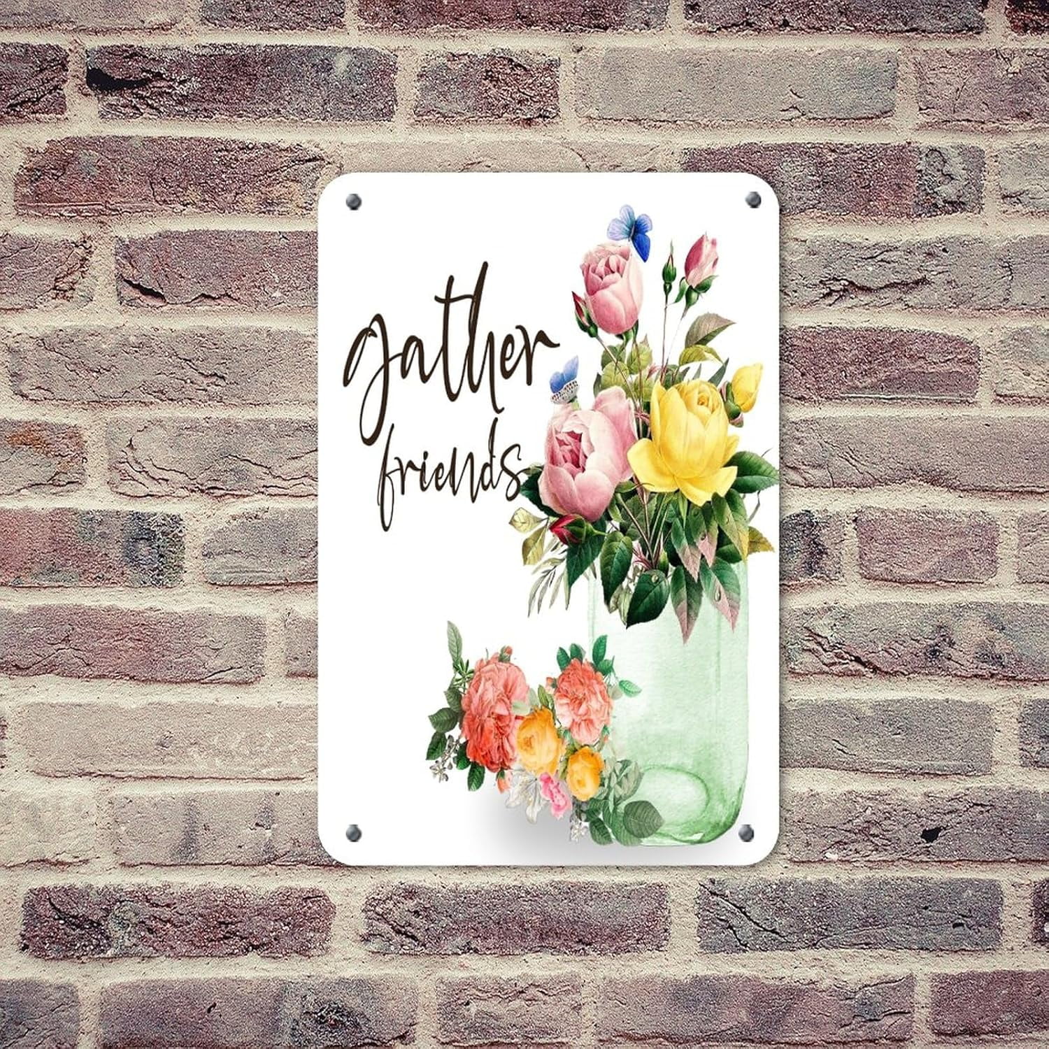 Rustic Personalized Tin Signs Gather Friends Watercolor Floral in Mason ...