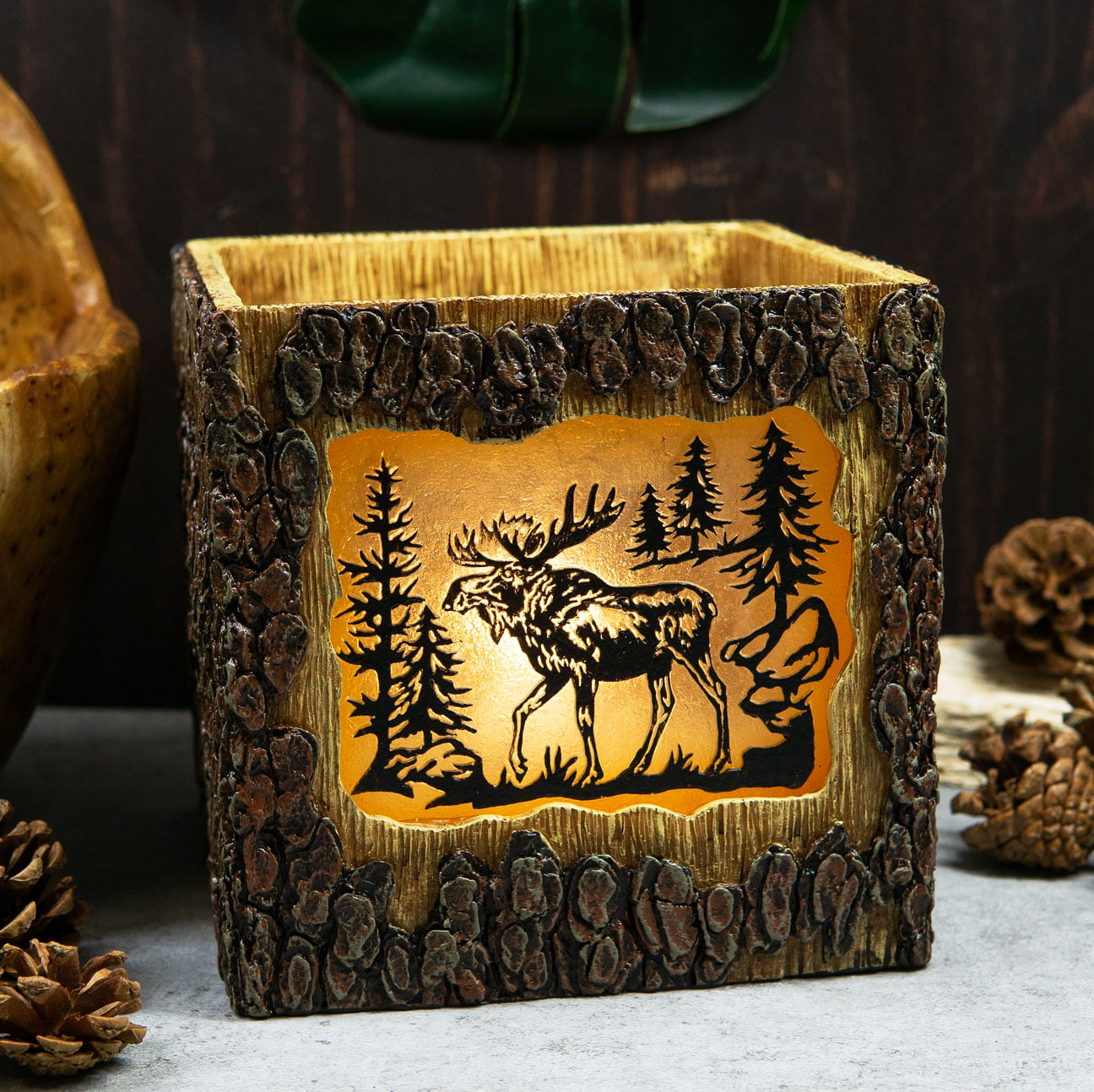 Rustic Pine Forest Elk Moose Faux Carved Wood Bark Night Light Lamp ...