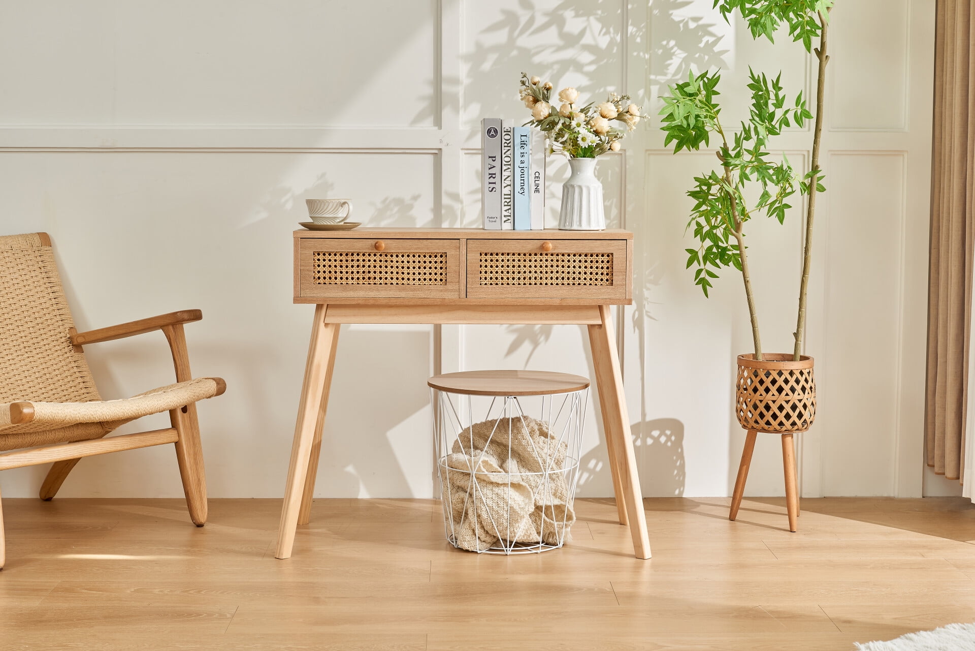 Rustic Pine & Rattan Dresser with 2 Drawers, Freestanding Storage ...