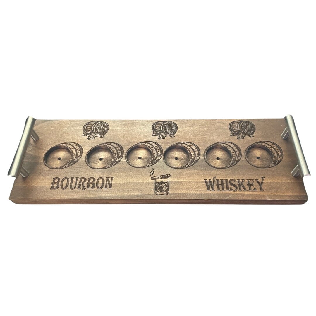 Rustic Pine Wood Bourbon Flight Board with Recipe QR Code, 16 x 5.5 Inch, 6 Shot Glass Holder ...