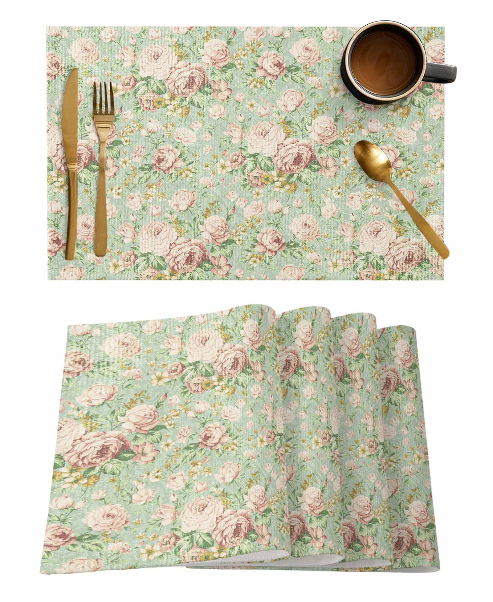 Rustic Pink Rose Flowers Placemats for Dining Table Set of 4, Washable ...