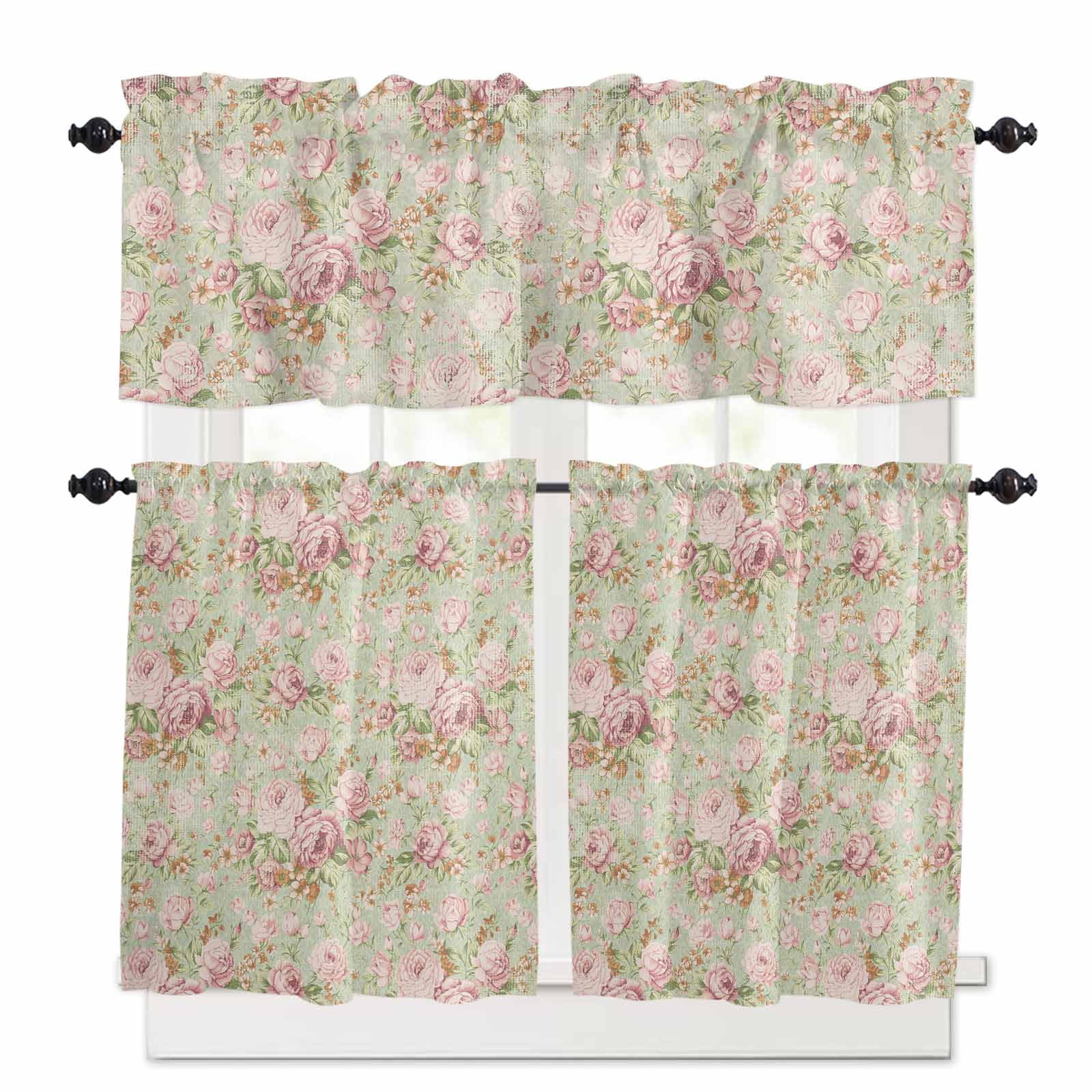 Rustic Pink Rose Kitchen Curtains and Valances Set, Rod Pocket Curtains ...