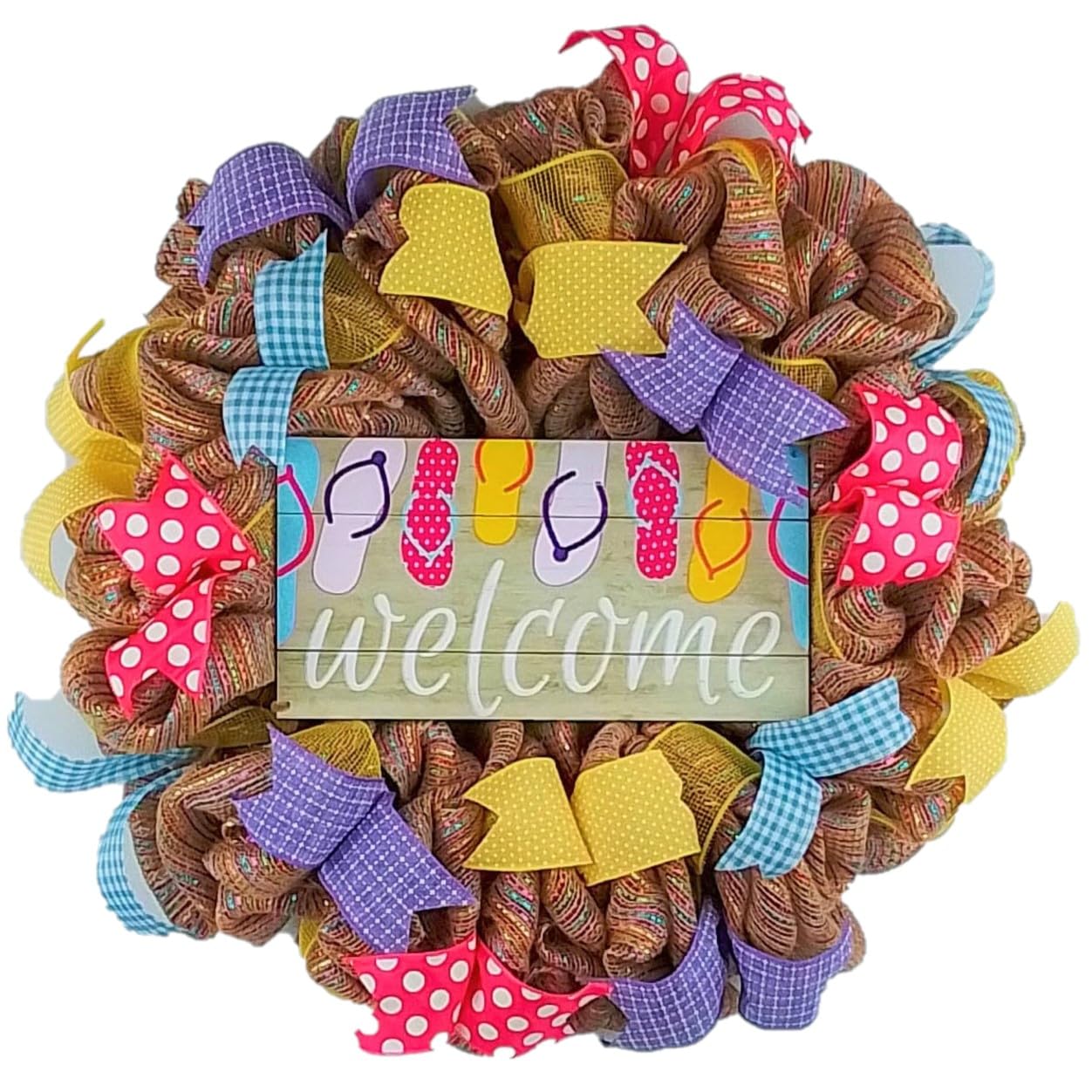 Rustic Pink Summer Spring Flip Flop Welcome Wreath - Jute Pink Yellow ...