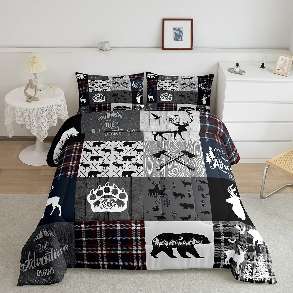 Rustic Plaid Patchwork Comforter Set, Hunting Bear Deer Bedding Full ...