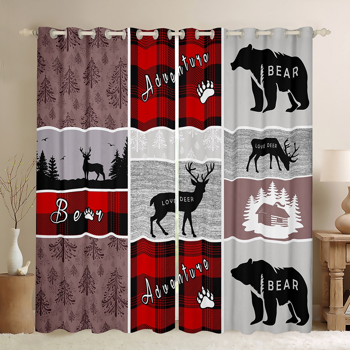 Rustic Plaid Patchwork Curtains,Hunting Bear Deer Blackout Curtains ...